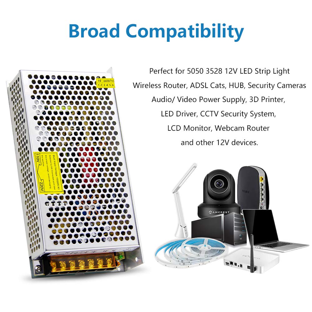 SHNITPWR 12V 15A 180W Power Supply Adapter 110V / 220V AC to DC Universal Regulated Switching Power Converter Transformer LED Driver for LED Light Strip 3D Printer CCTV Security System LCD Monitor