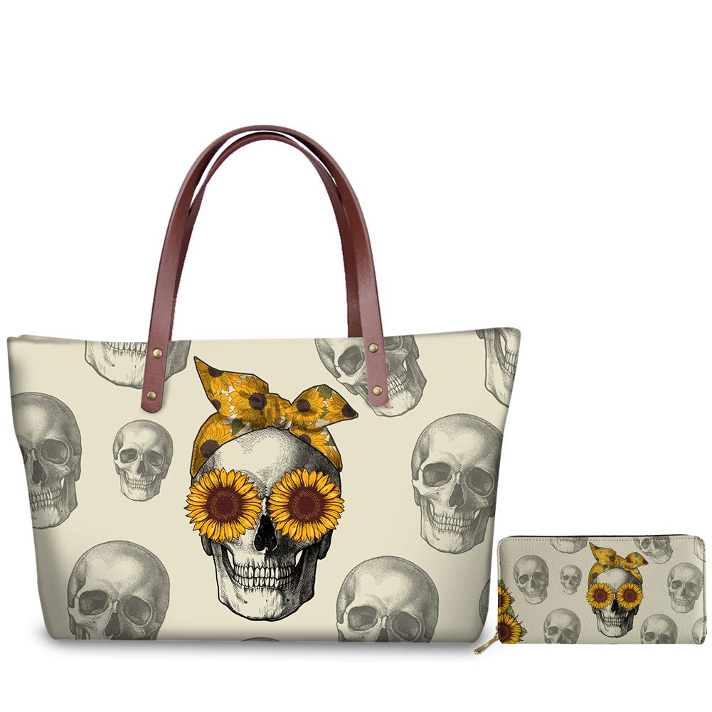 Biyejit Sunflower Skull Tote Bag for Women Girls Casual Top Handle Shoulder Bag Travel Handbag Phone Card Holder Purse Long Wallet for Gift Ladies Bag Sets 2pcs