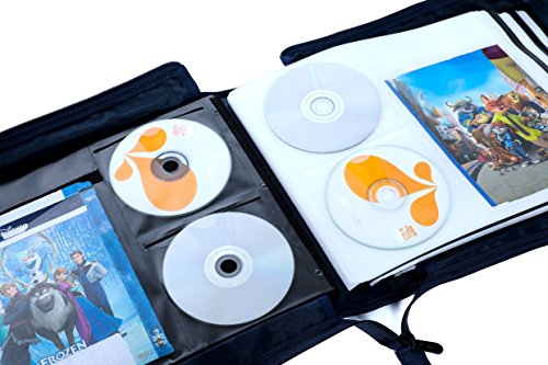 DVD CD Storage Case with Extra Wide Title Cover Pages for Blu Ray Movie Music Audio Media Disk (Portable Carrying Binder Holder Wallet Album Home Organizer)- Blue, 192 Disk Units, 96 Booklet Pockets