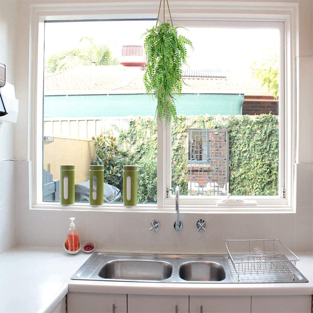 CLONG 2 pcs Artificial Hanging Ferns Plants Vine Fake Ivy Boston Outdoor UV Resistant Plastic Plants (Green)