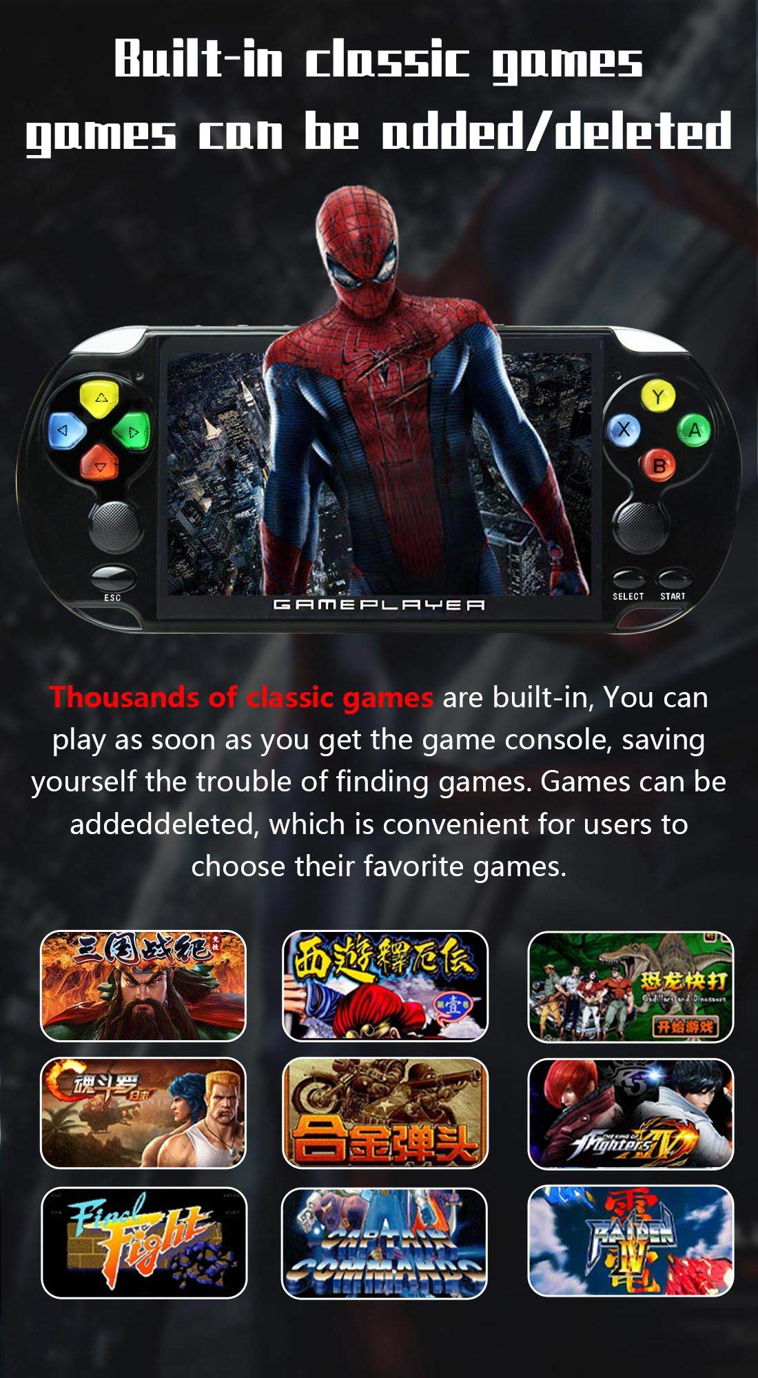 CZT 5.1-inch multi-function video game console color crystal buttons built-in 9600 games MP3MP4 lithium battery game archive AV OUT DV/DC hand-held gaming device (Black)
