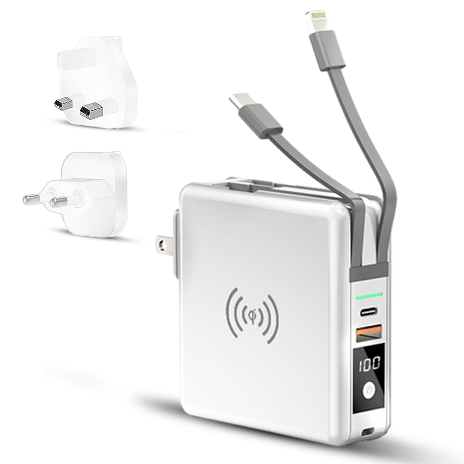 5 in 1 Power Bank - Travel 5 in 1 Power Bank, Portable Charger with Ac Wall Plug & Built-in Cables, Built-in Type-C and Lighting USB Cable 4 Output and 2 Input (White)