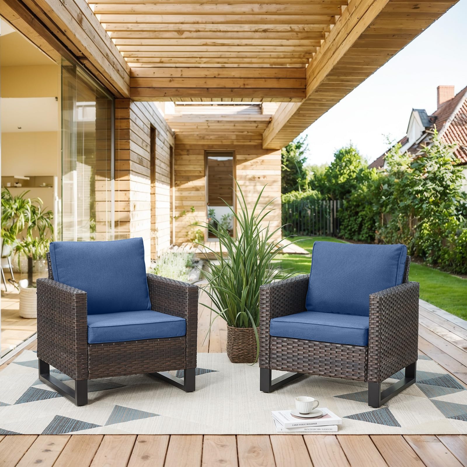 Rilyson Patio Furniture Chairs Outdoor Chair - Wicker Patio Furniture Set of 2,PE Rattan Patio Seating with Cushions for Deck Porch Balcony Backyard Garden(Brown/Blue)