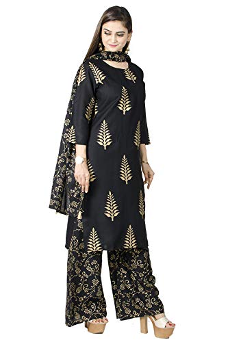 Chandrakala Gold Foil Printed Kurti Palazzo Set for Women Rayon Indian Ethnic Tunic,Small (K176BLA1)