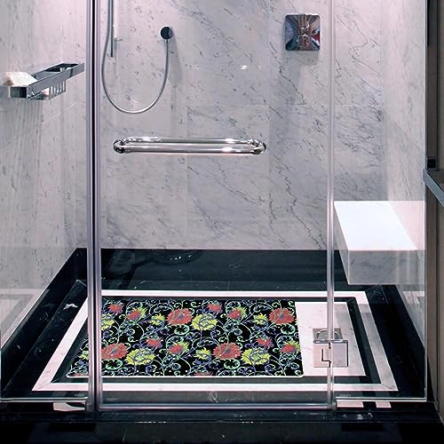 Bath Tub Shower Mat - Anti-Slip PVC Material 15.1x26.8 in, Gentle Cushioning Quick Drying Suction Cups Reliable Solution - Vintage Chrysanthemum Pattern Non-Slip Floor Mat