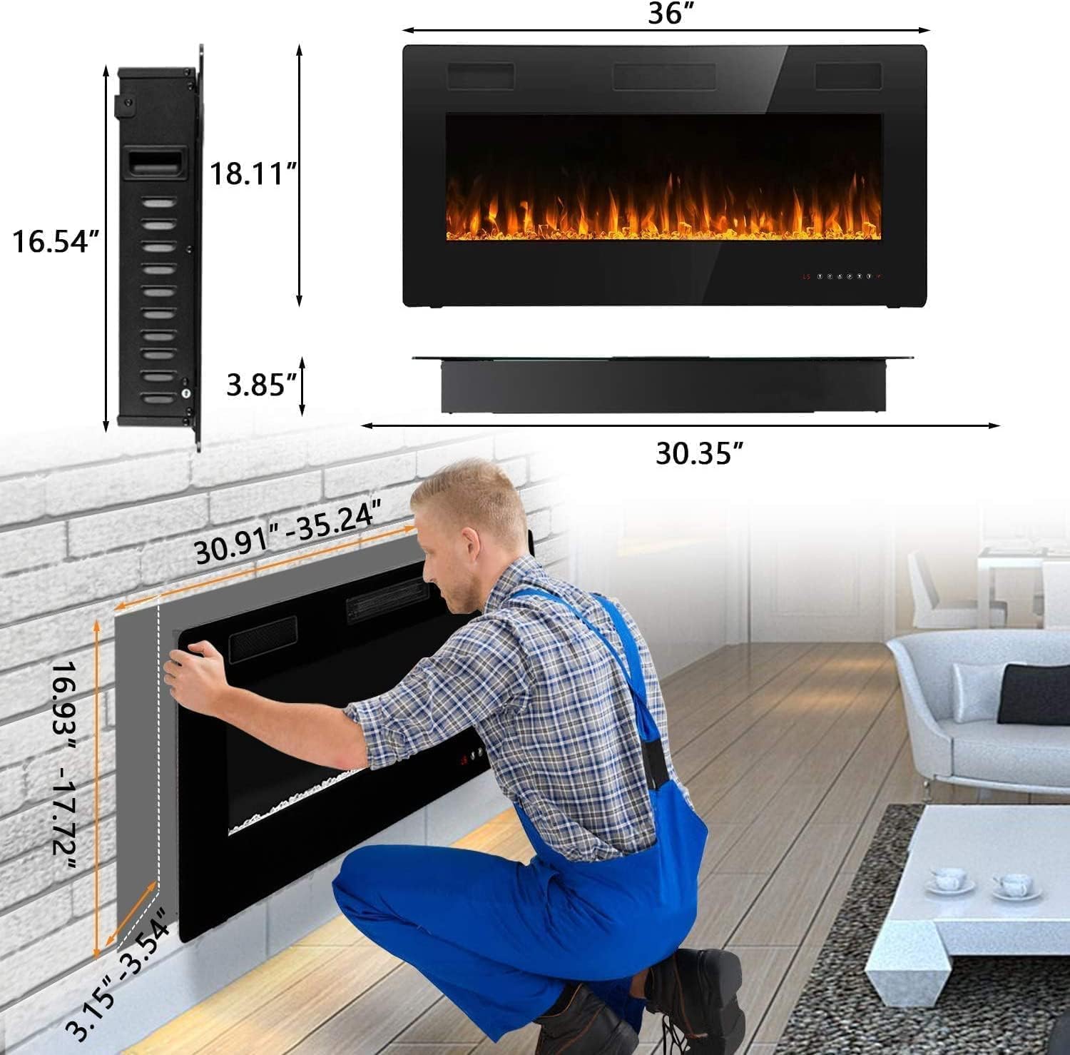 36 inch Ultra-Thin Silence Linear Electric Fireplace Inserts, Recessed Wall Mounted Fireplace, Fit for 2 x 4 and 2 x 6 Stud, Adjustable Flame Color & Speed,Touch Screen Remote Control 8h Timer