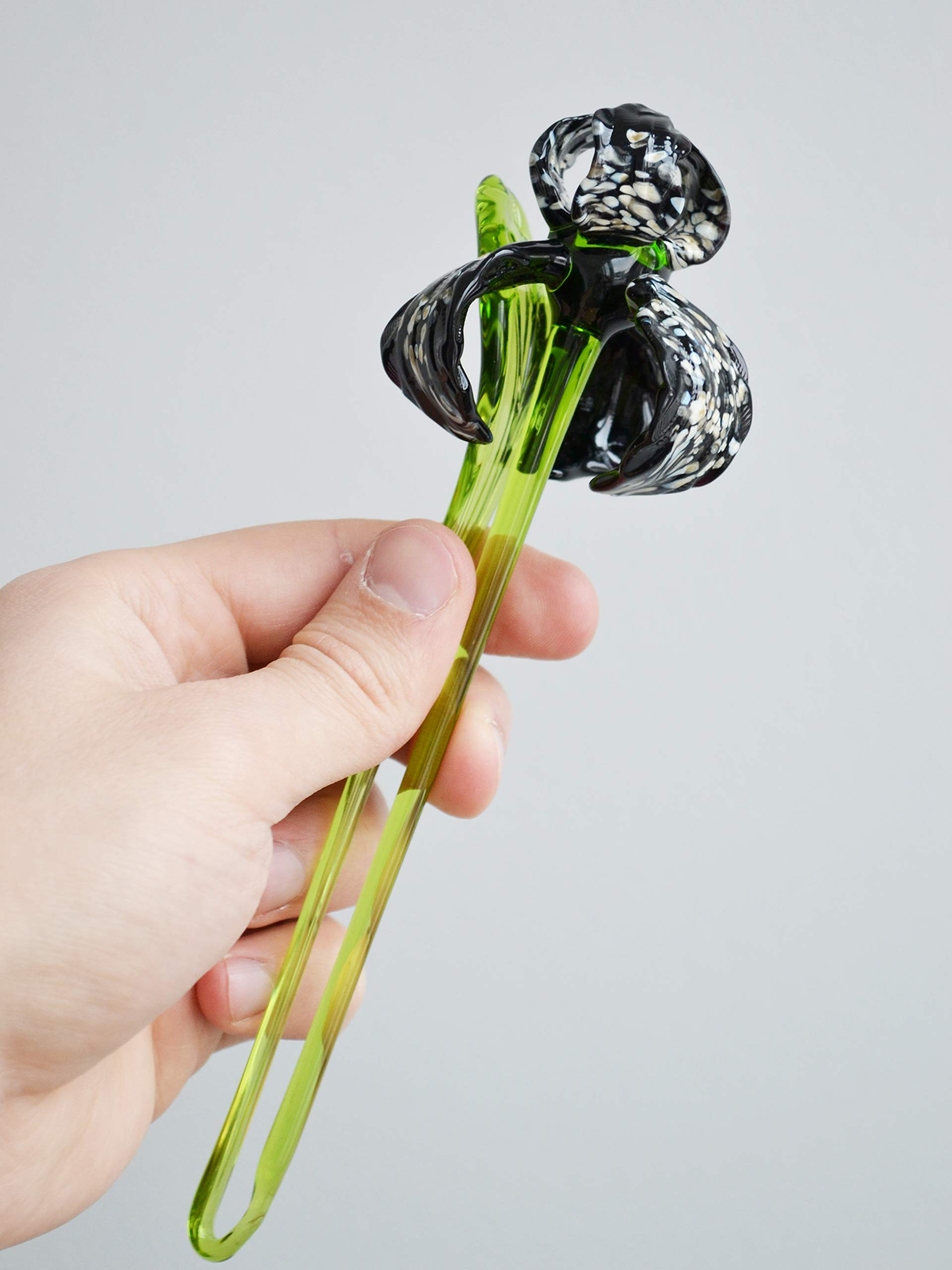 Black Glass Iris with White Spots Flowers Figurine Blown Iris Flower Iris Sculpture Art Glass Iris Flower Murano Long Stem Iris Flowers Garden Iris Ornaments