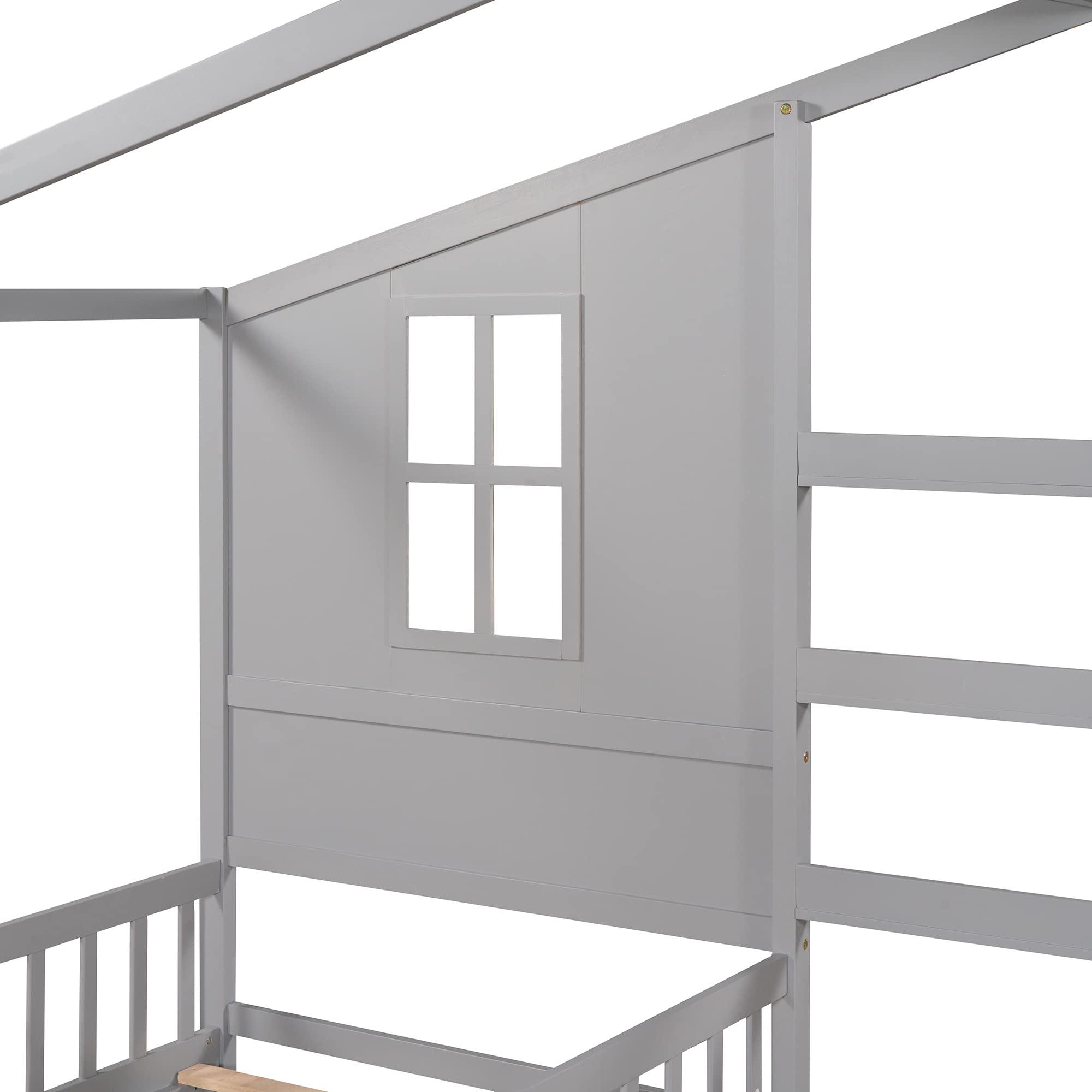 L Shaped Bed Frame with Roof, Twin Corner Bed House Bed for Kids, Solid Wood Twin Platform Bed Frame for 2 People (Twin Size, Gray)
