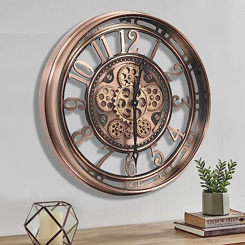 CLXEAST Moving Gear Wall Clock for Modern Living Room Decor, Large Industrial Clock with Steampunk Gears, Big Arabic Numerals, Rose Gold Metal for Office, Bronze Copper (21 Inch)