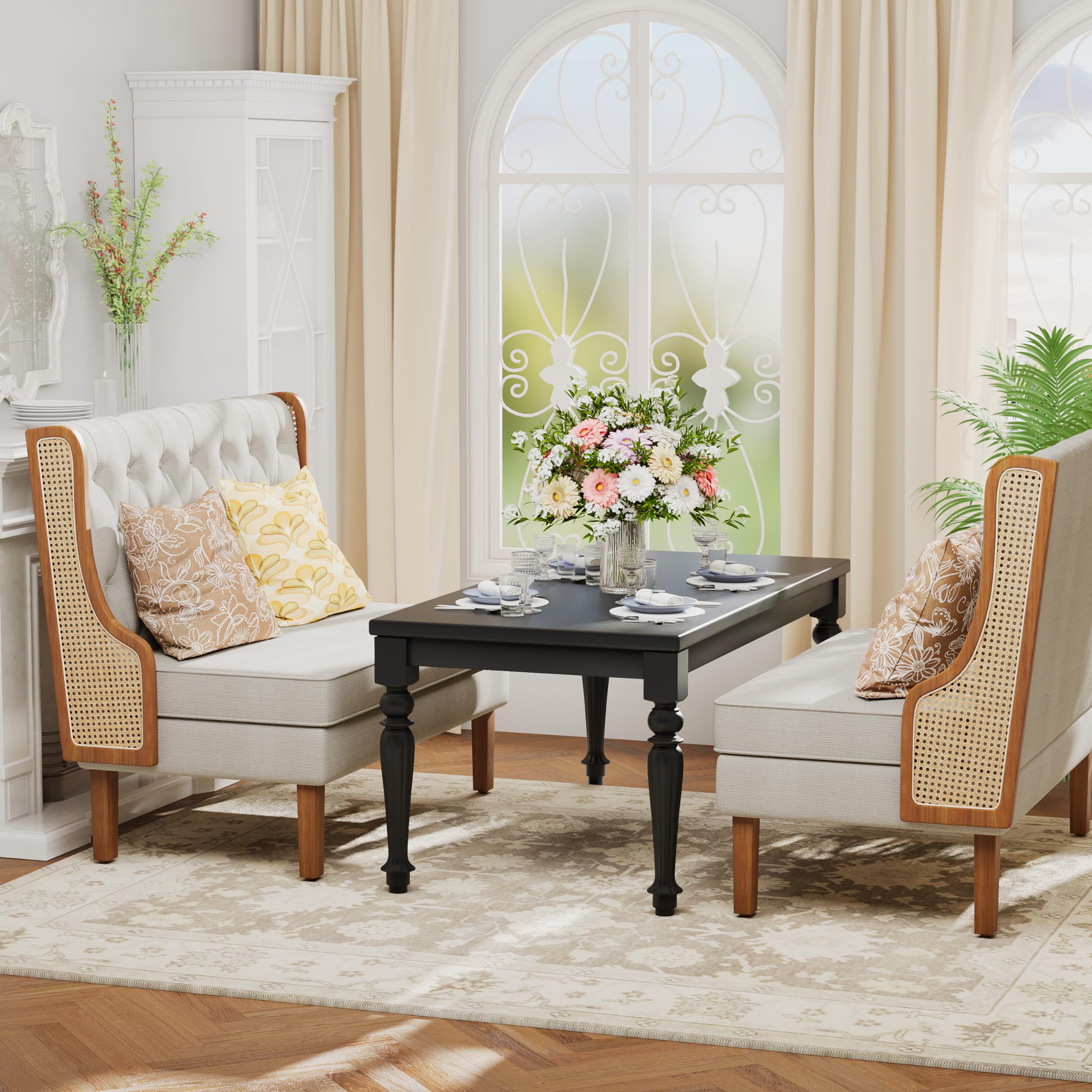 Andeworld Loveseat Settee Bench with Natural Rattan Arms,Upholstered Modern High-Back Mini Sofa Couch,Banquette Dining Bench Love Seat for Living Dining Room Bedroom Office Small Space Entryway,Ivory
