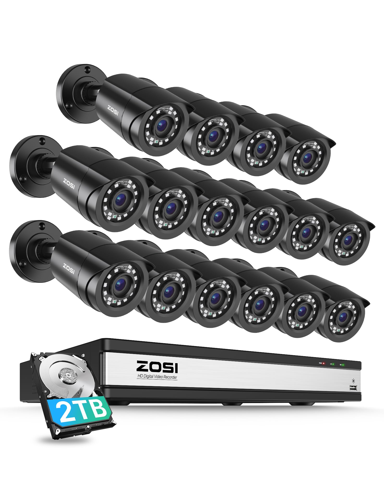 ZOSI 3K Lite 16Channel Security Camera System,AI Human/Vehicle Detection,Night Vision,Remote Access,16pcs 1080P Outdoor Surveillance Bullet Cam,H.265+ 1080p 16CH DVR with 2TB HDD for 24/7 Recording