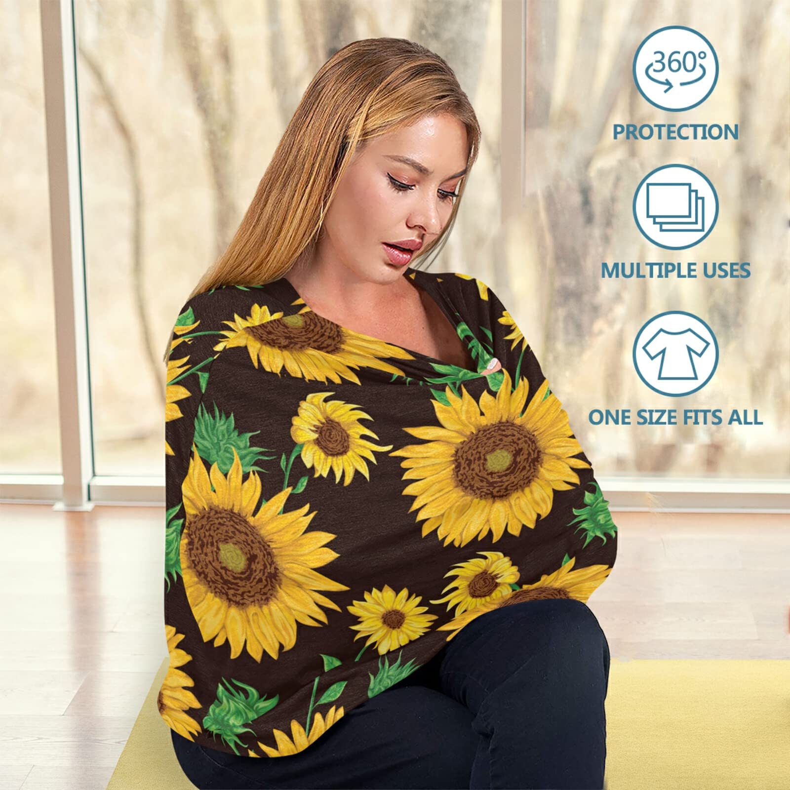 Nursing Cover Breastfeeding Scarf Sunflowers Black- Baby Car Seat Covers, Infant Stroller Cover, Carseat Canopy(v)