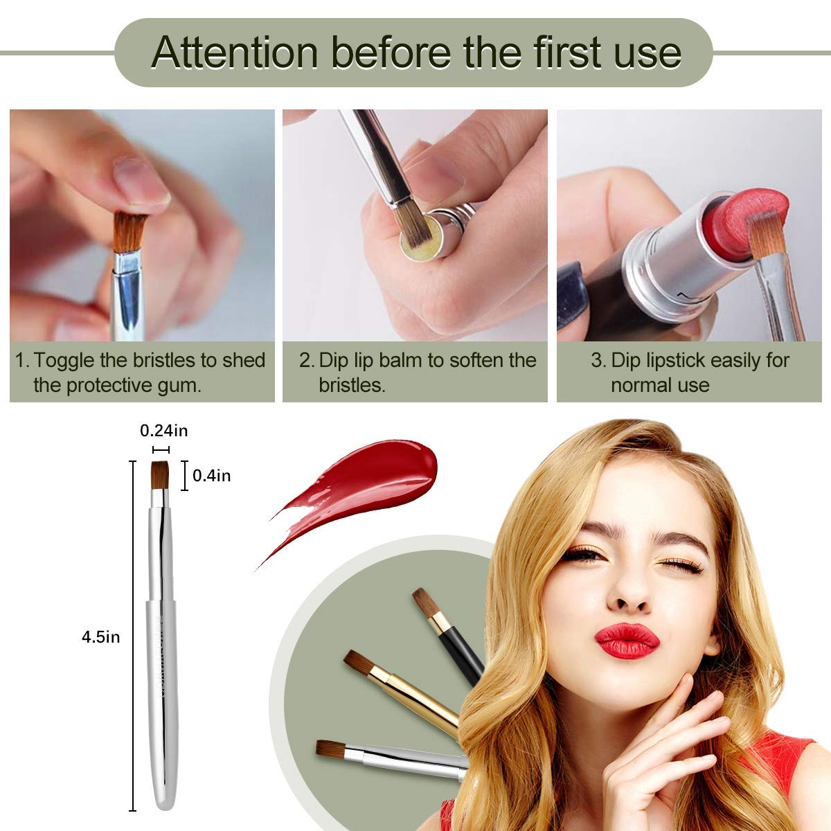 Rownyeon Travel Retractable Lip Brush Applicators Flat for Lipstick Gloss Creams Portable with Cap, Professional Makeup Brush for Women Girls As Christmas Gift and Halloween Makeup Tools