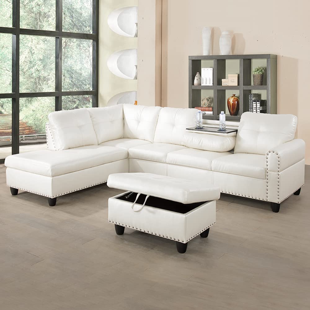 GEBADOL 97" Wide Rivet Designed L-Shaped Sofa Set 3 Pieces Faux Leather Couch and Chaise with Extra Storage Ottoman for Living Room/Office/Apartment (Left-Hand Facing, White)