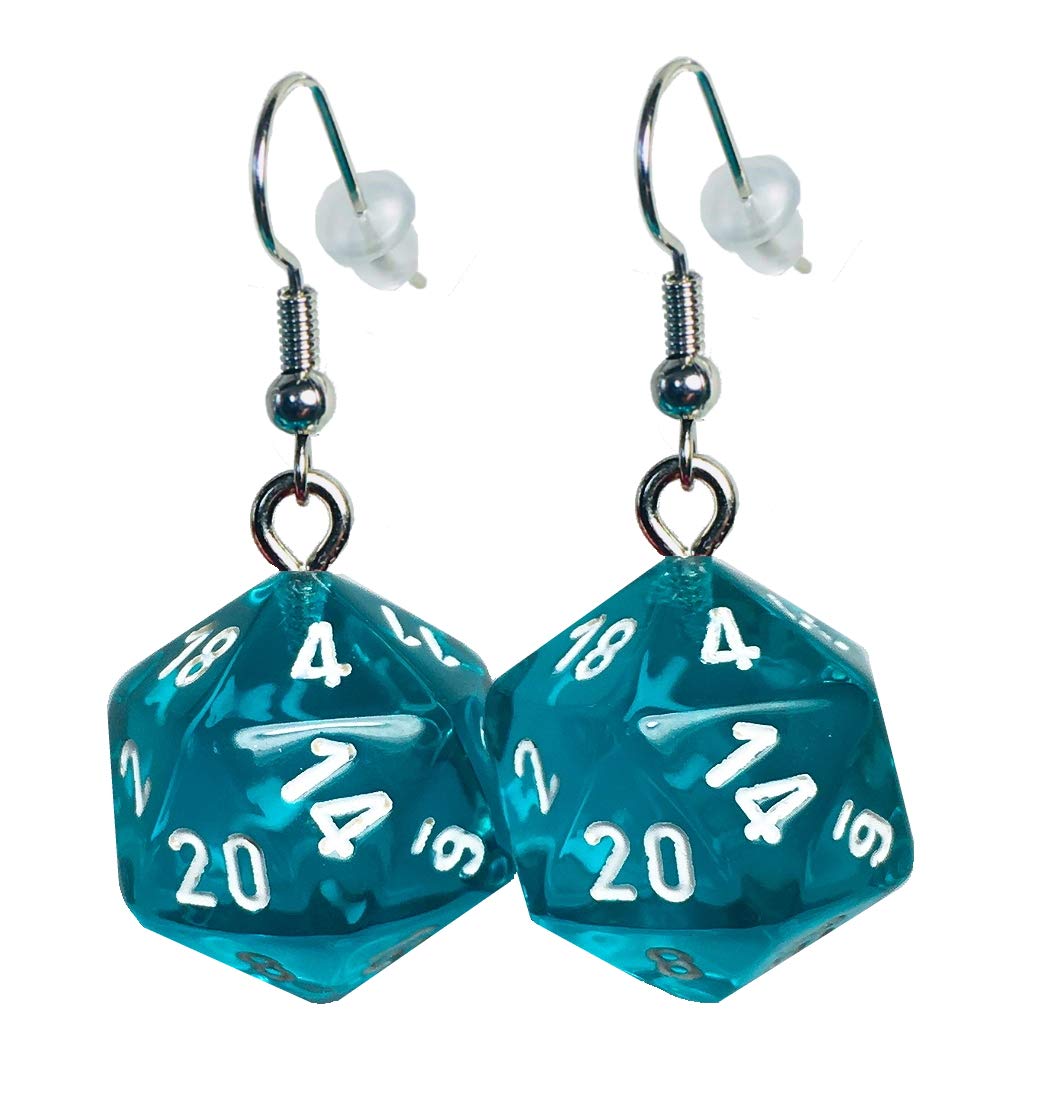 d20 Dice Earrings - Hook with Earnuts (Teal)