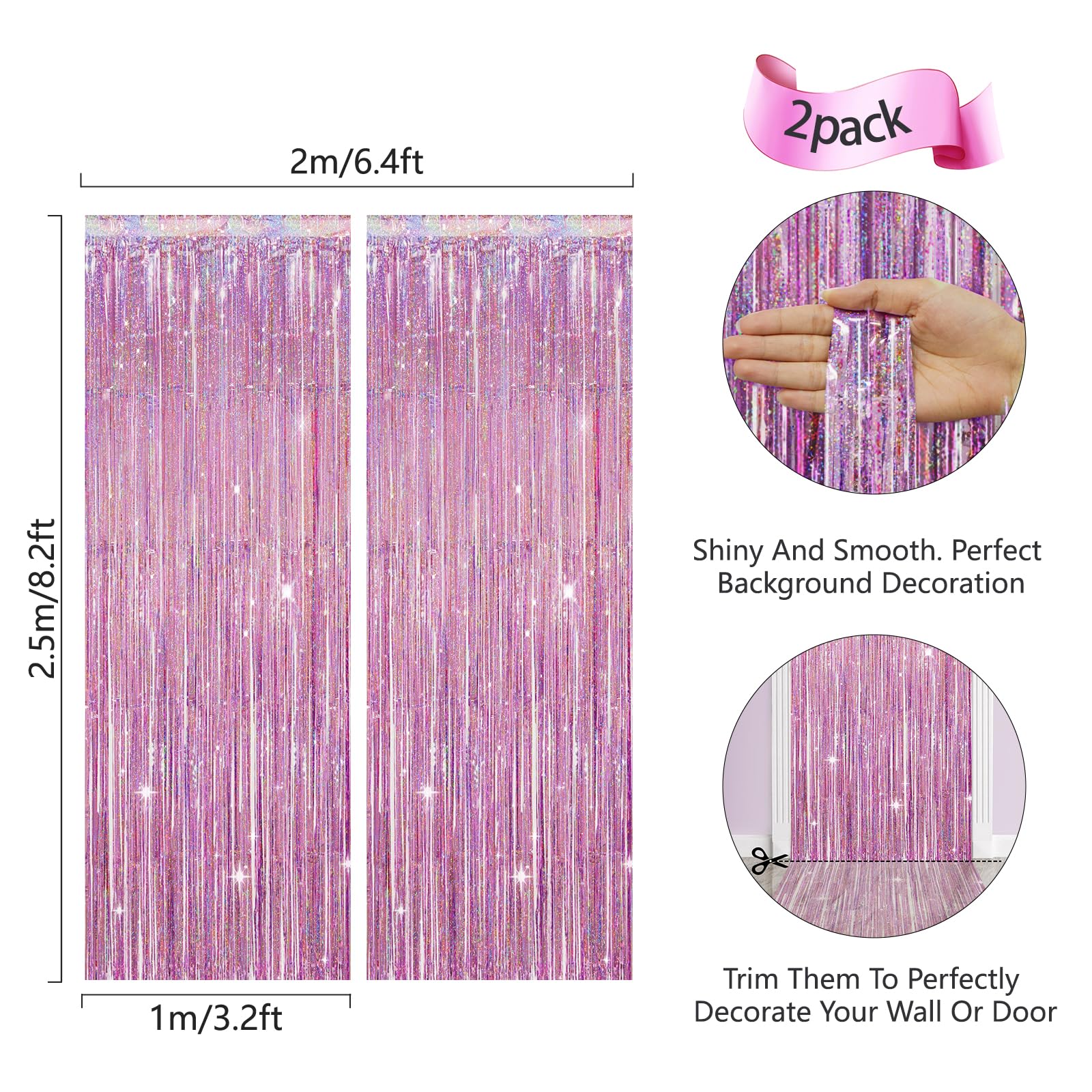 Anwyll Pink Metallic Foil Fringe Backdrop Curtains,2Pack Tinsel Curtain Party Streamers Photo Backdrop for Birthday Decoration,Glitter Pink Backdrop for Wedding Graduation Bachelor Party Decorations