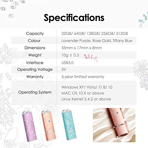 TCELL Natural Beauty 64GB USB 3.0 Flash Drive Decorated with Swarovski Elements Crystal Lavender Purple for Women Student Office Gift, Purple USB Stick