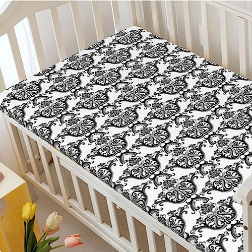 Damask Themed Fitted Crib Sheet,Standard Crib Mattress Fitted Sheet Ultra Soft Material - Great for Boy or Girl Room or Nursery,28β x52β,White Black