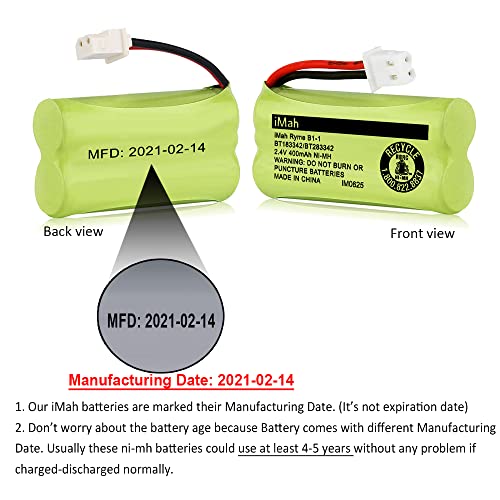 iMah BT183342/BT283342 2.4V 400mAh Ni-MH Battery Compatible with AT&T CL82207 EL52100 EL50003 VTech CS6709 CS6609 CS6409 BL102-3 Handset Replace Battery BT166342 BT266342 BT162342 BT262342, 2-Pack