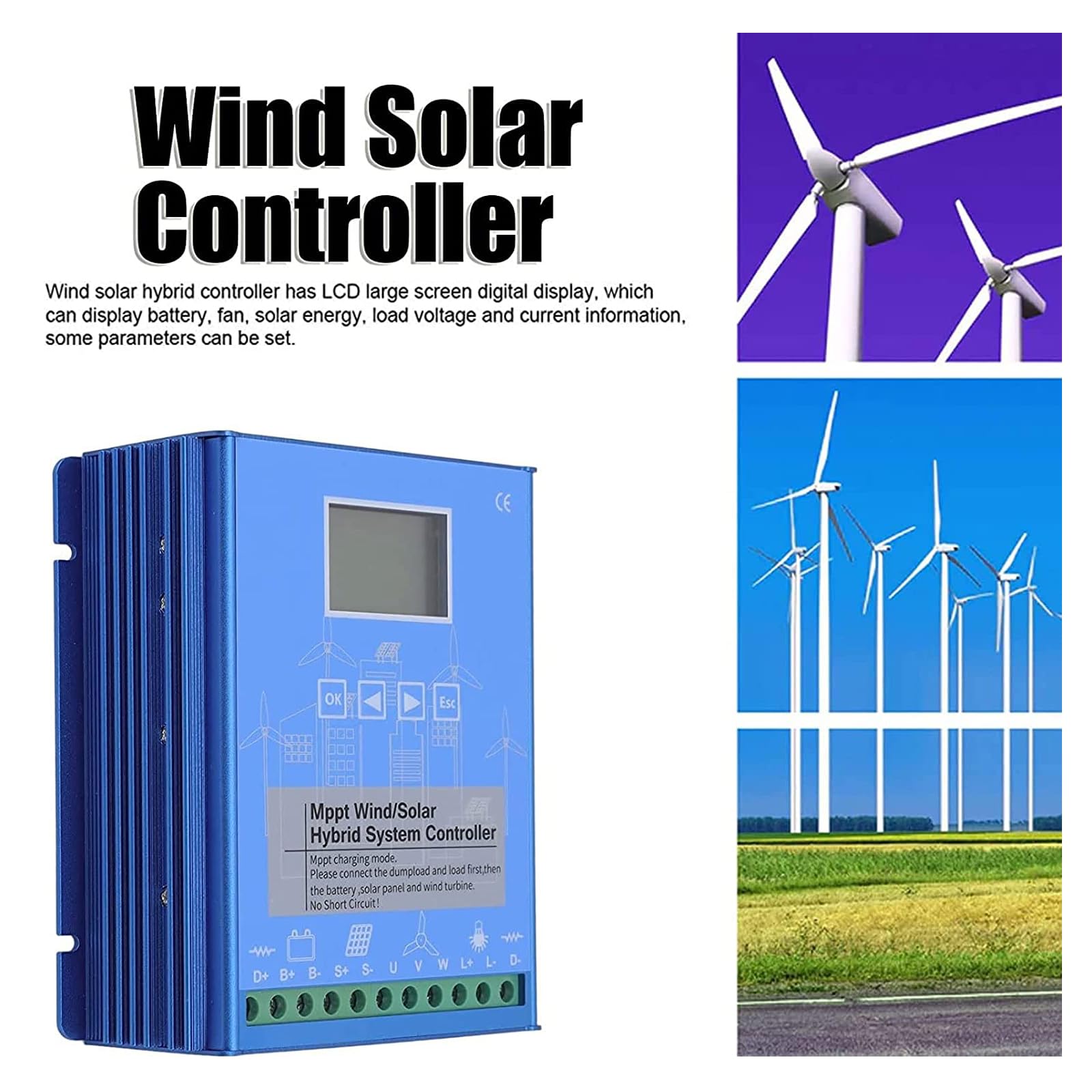 4000W Wind-Solar Hybrid Controller 12V/24V/48V, LCD Display MPPT Boost Charging Multifunctional Wind-Solar Hybrid Controller, 2000W Wind Turbine and 2000W Solar,12v