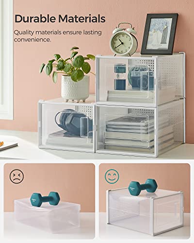 SONGMICS Shoe Boxes, Pack of 12 Shoe Storage Organizers, Stackable Clear Plastic Boxes for Closet, Sneakers, 9.9 x 13.7 x 7.4 Inches, Fit up to US Size 13, Transparent and White ULSP12MWT