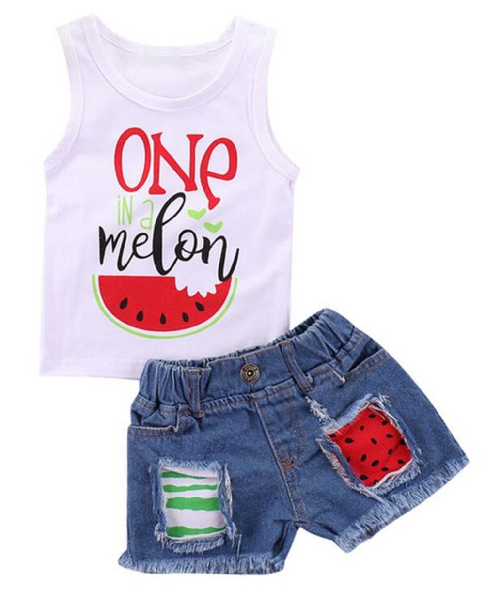 LOTUCY 2PCS Baby Girls Boy Clothes One in A Melon Watermelon Tops Tassel Ripped Denim Shorts Set Baby Boy Girl 1st Birthday Outfit