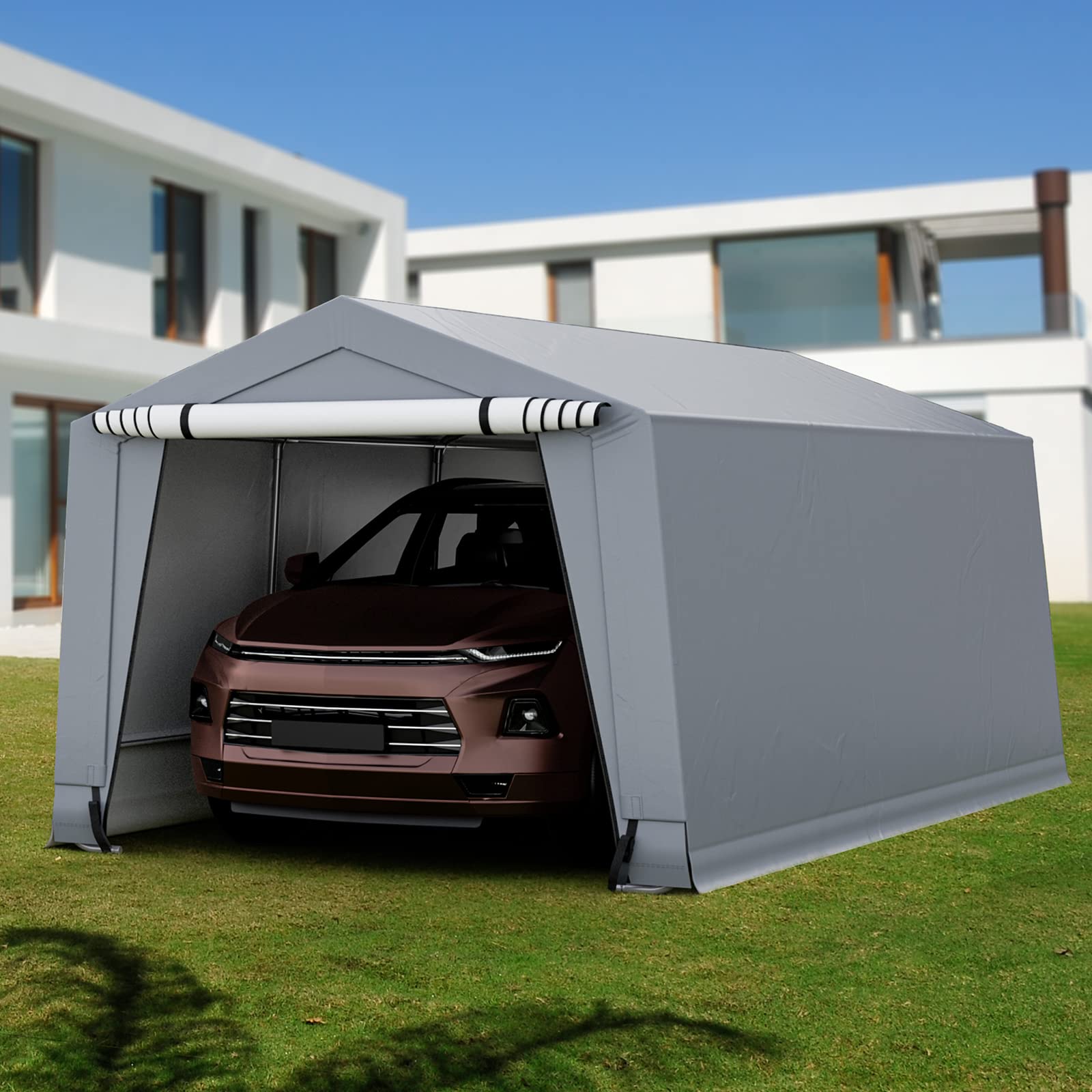 Tangkula 10x20Ft Heavy-Duty Carport, Outdoor Portable Garage with Reinforced Triangular Beams, Galvanized Steel Frame, All-Season Metal Car Canopy with 2 Removable Doors for Car, Truck, SUV, Boat