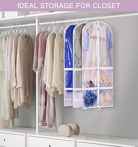 SLEEPING LAMB Clear Garment Bag for Dance Costume Kids 50 Inch Hanging Clothes Cover for Closet Storage With 4 Large Zipper Pockets for Ballet, Theatre, Competitions, 3 Packs, White