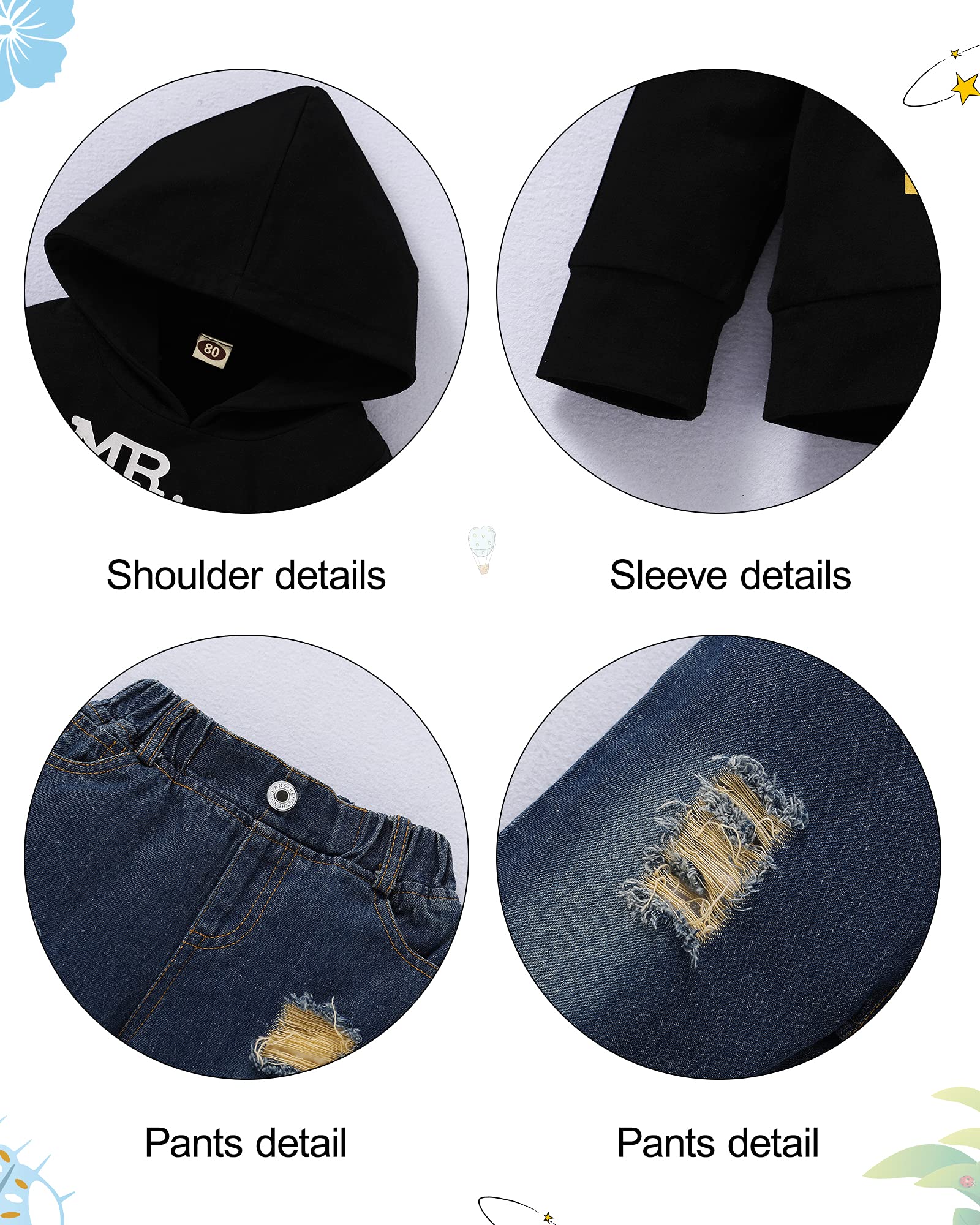 YALLET 2T 3T Toddler Baby Boy Clothes Fall Winter Outfit Sets Long Sleeve Letter Hoodies Top+Ripped Denim Pants 2pcs