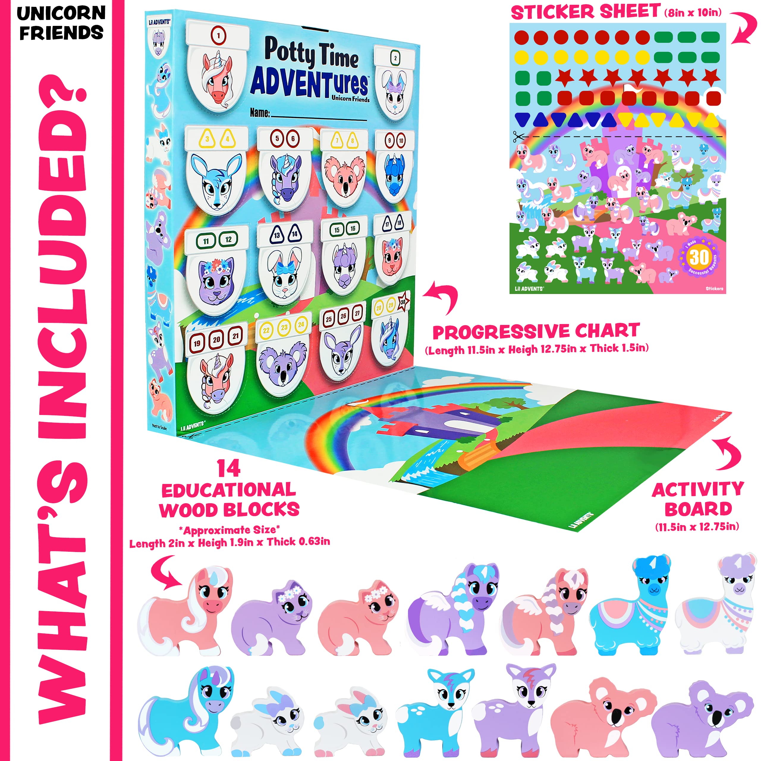 Potty Time Adventures Toddler Potty Training Chart by Lil ADVENTS - 14 Wooden Stacking Blocks / Prizes, Potty Training Advent Game - Behavior Reward Chart, Stickers & Activity Board - Unicorn Friends