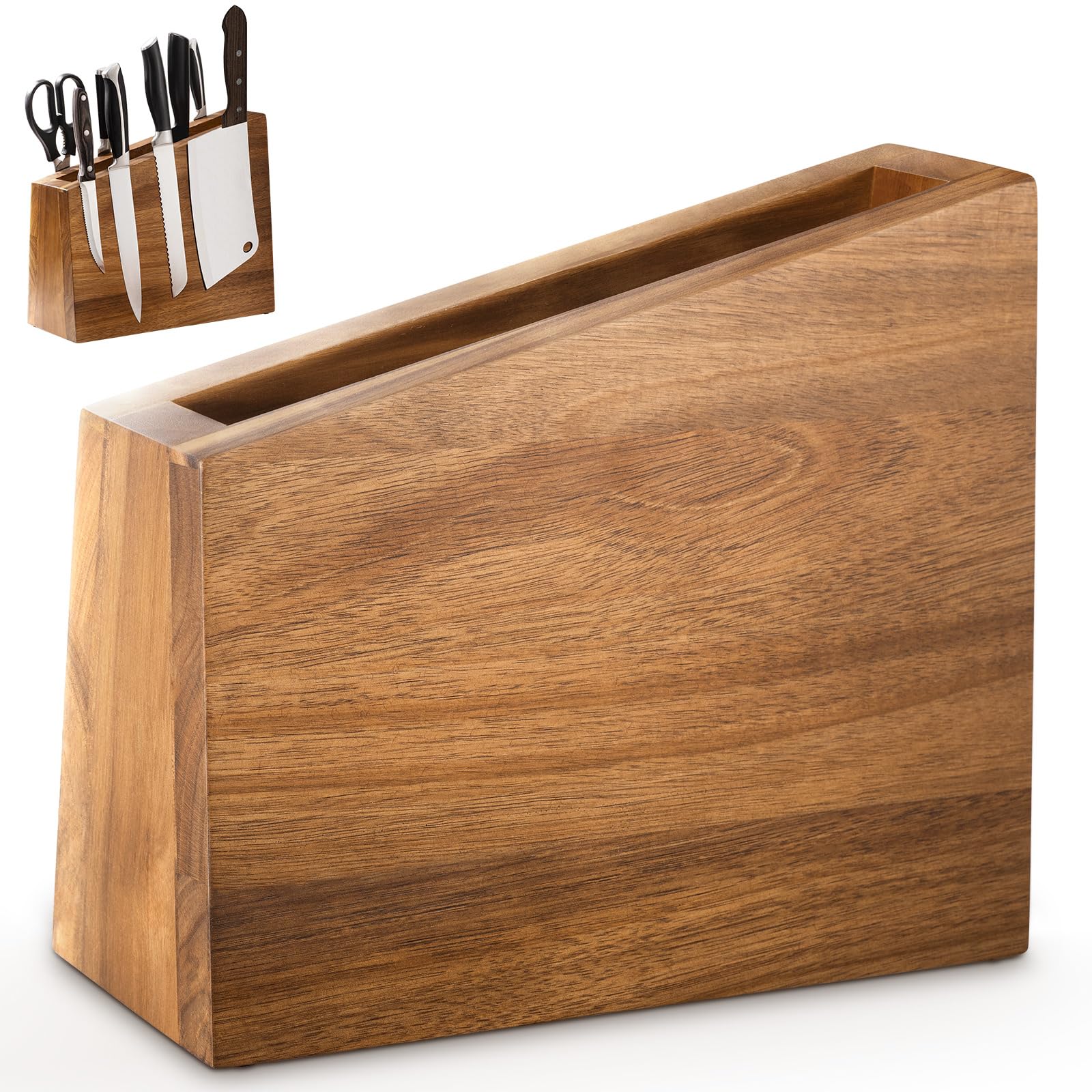 Acacomft Large Magnetic Knife Block 11.8x10 inches, 4-Side Universal Knife Holder Builted in Powerful Magnet, Natural Acacia Wood Knife Storage Organizer for Kitchen Display