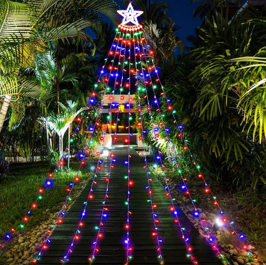 Cobbe Christmas Decorations Outdoor Star String Lights,349 LED 8 Modes with 14" Topper Star Christmas Tree Lights,Star Waterfall Lights for Outside Tree Yard Wedding Home Party WJX-MULTI-1HD