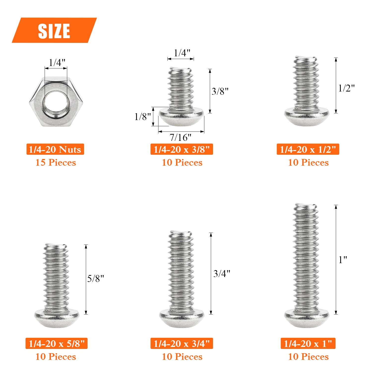 HELIFOUNER 65 Pieces 5 Sizes 304 Stainless Steel 1/4-20 x 3/8" 1/2" 5/8" 3/4" 1" UNC Thread Button Head Socket Cap Screws Bolts Kit
