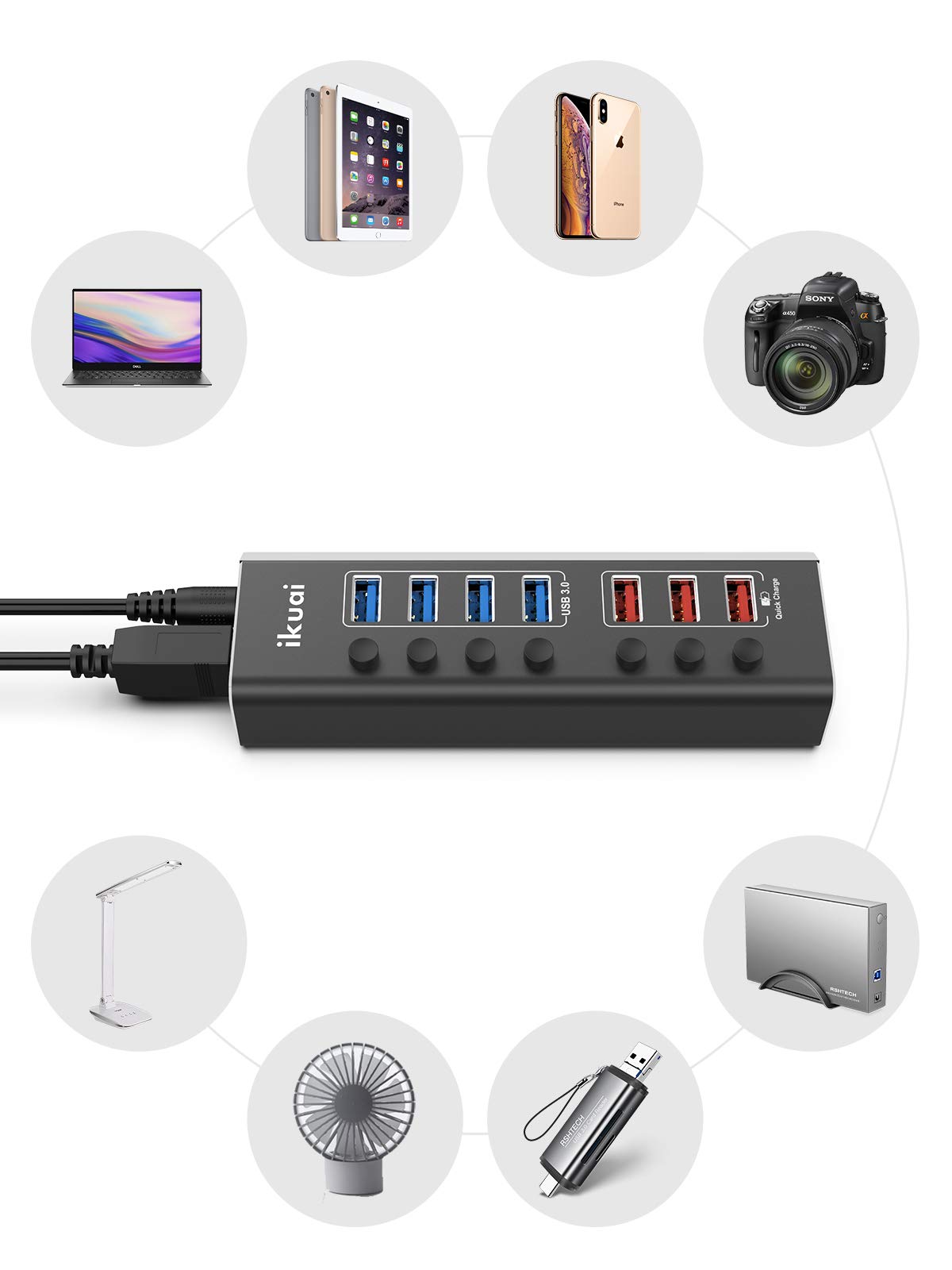 Powered USB 3.0 Hub, ikuai 7 Ports Aluminum USB Splitter Hub (3 Faster Data Transfer Ports+ 4 Smart Charging Ports) with Individual LED On/Off Switches, Multi USB Port for PC, Mac (RSW-A37)