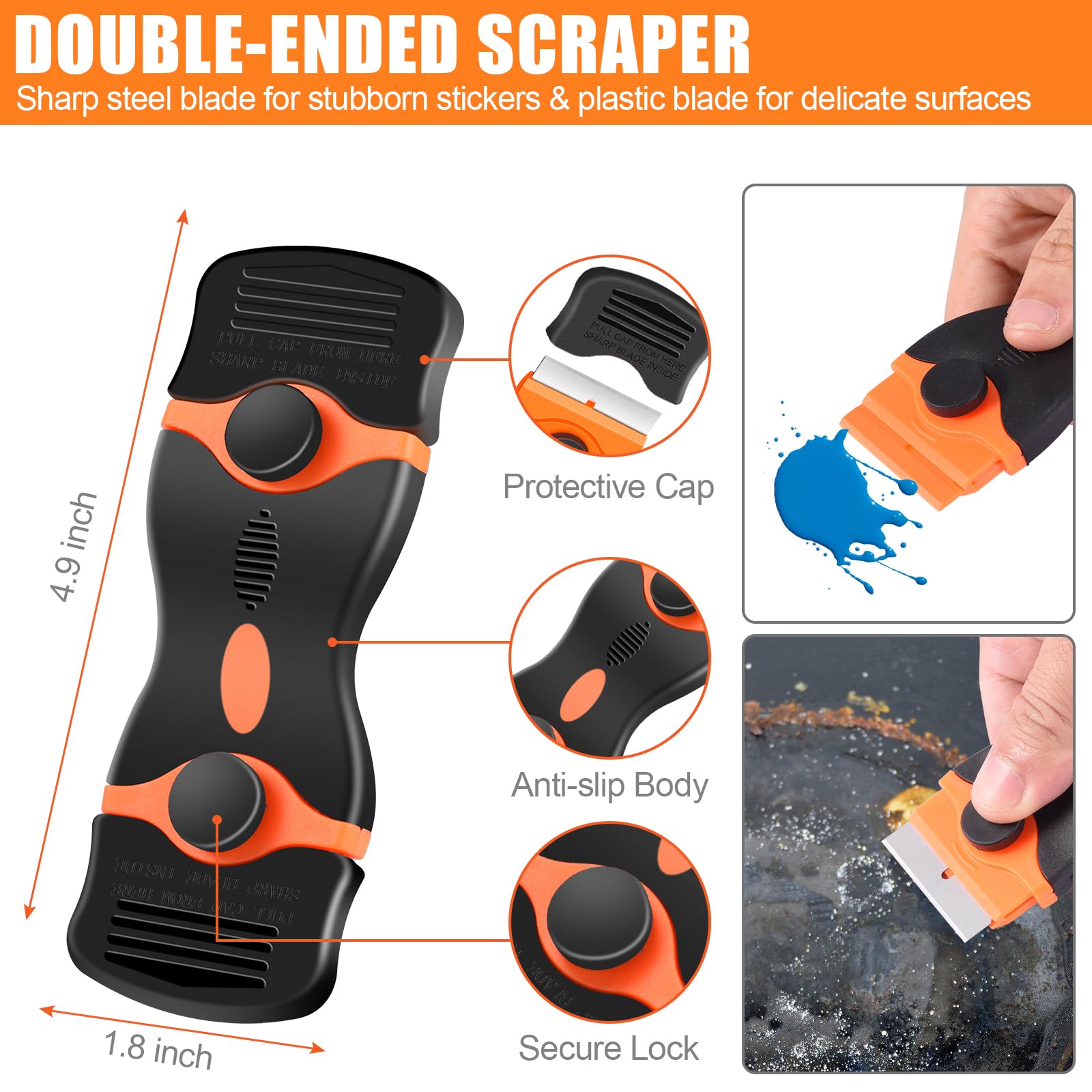 NECAMOCU 3 Pack Razor Blade Scraper, Premium Cleaning Scraper Tool with 60 PCS Metal & Plastic Razor Blades, Multi-Purpose Glass Scraper for Windows, Sticker, Decals, Cooktop, Paint Removal (Orange)