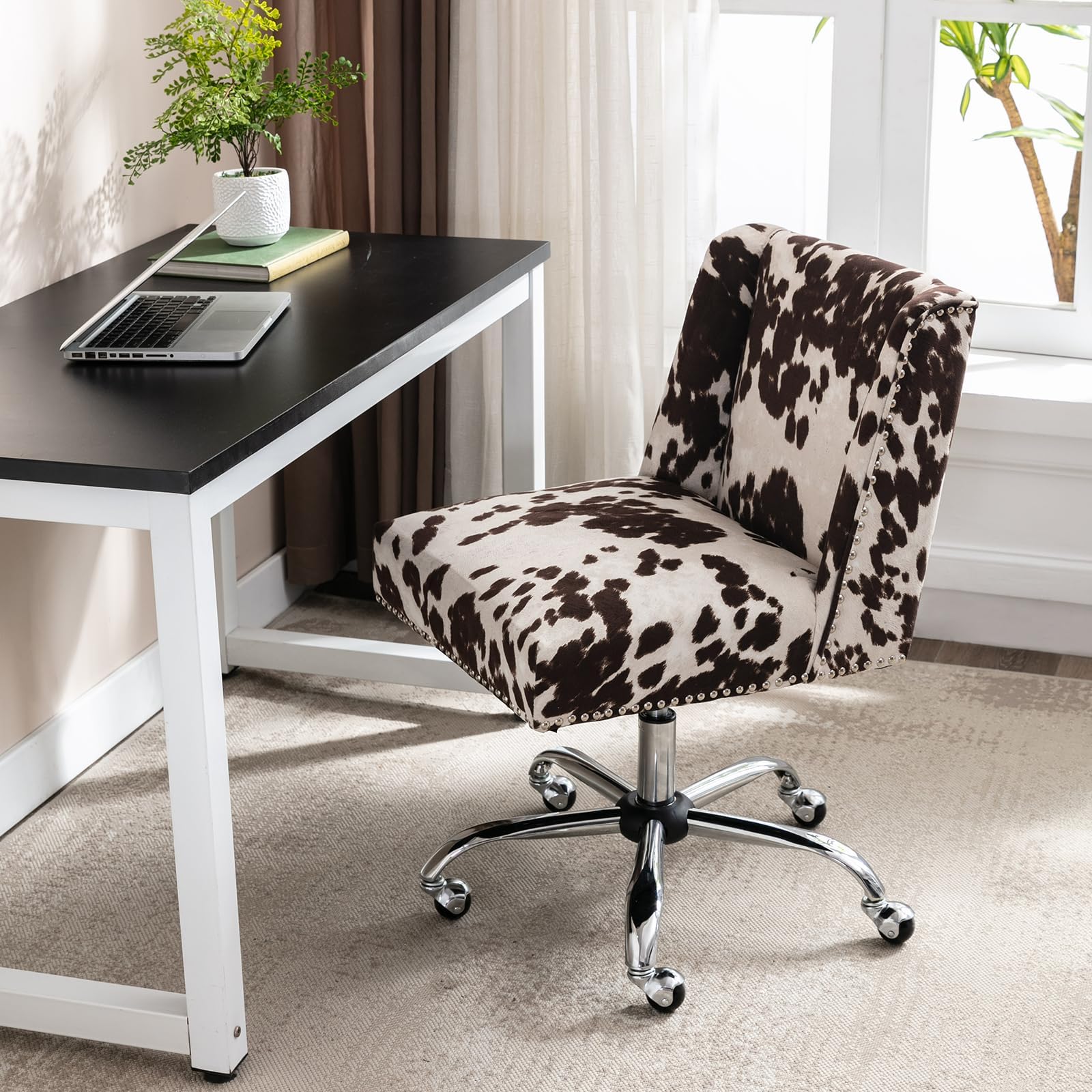 Janoray Home Office Desk Chair, Modern Swivel Height Adjustable Computer Chair, Comfy Upholstered Armless Accent Chair for Reading/Living Room/Small Space, Cow Fabric & Chrome Base