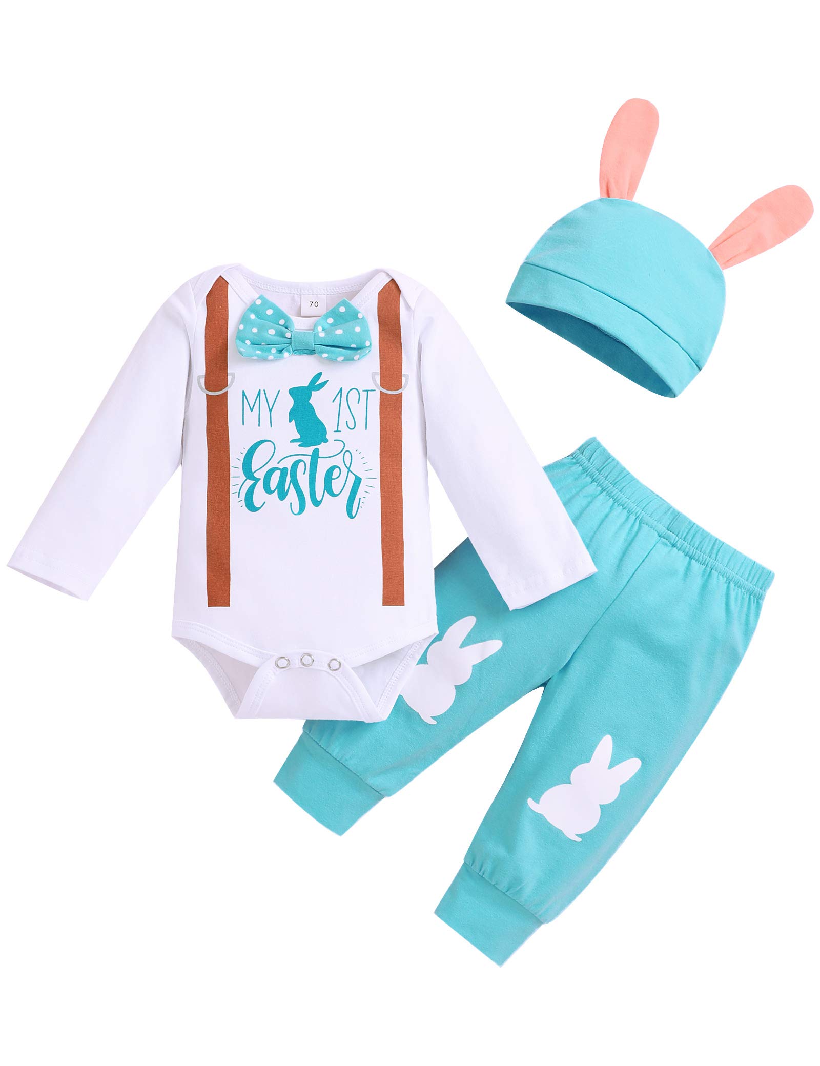 My First Easter Outfit Infant Baby Boy Long Sleeve Bow Tie Romper Bunny Pants with Hat Easter Clothes Sets Blue