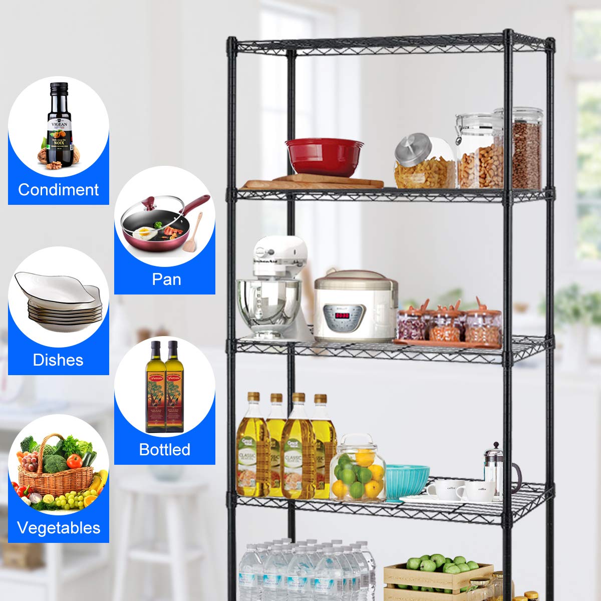 Storage Metal Shelf 5 Tier Wire Shelving Unit Standing Shelf Units Heavy Duty Garage Shelving with Feet Levelers 1250Lbs Capacity Adjustable Commercial Shelving Kitchen Rack, Black