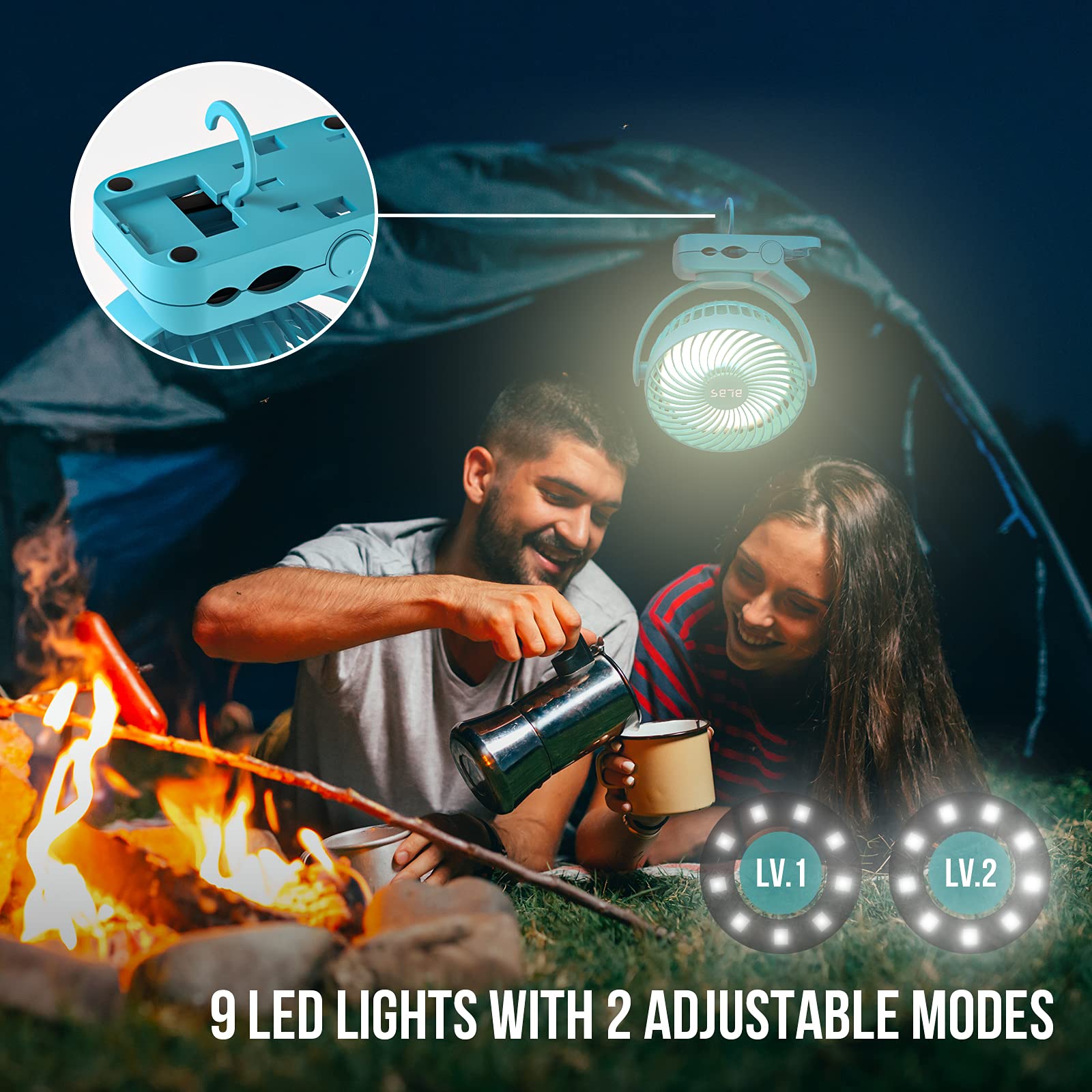 Camping Fan with LED Light - 12000mAh 65Hrs Battery Powered, Portable Rechargeable, Use As Power Bank, Clip On, Tent Fan for Camping, Camp Fan for Tent, Ceiling Fan for Tent RV Bed, Blue