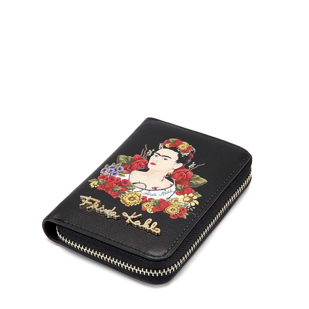 Authentic Frida Kahlo Cartoon Picture Print Small Medium Zip-around Wallet (Flower Theme - Black)