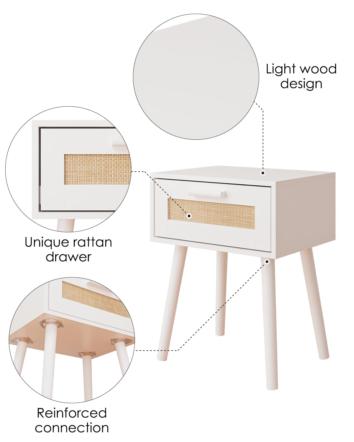 Aobafuir Bedroom Nightstands Wooden Night Stands with Rattan Weaving Drawer Home Bedside End Table for Bedroom Storage, White