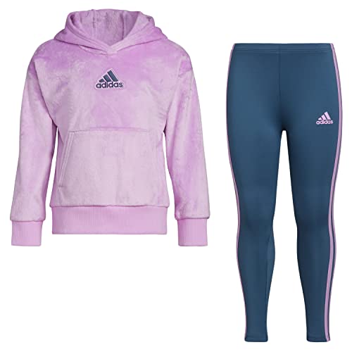 adidas Girls 2-Piece Silken Fleece Hooded Pullover Tight Set, Bliss Lilac, 5