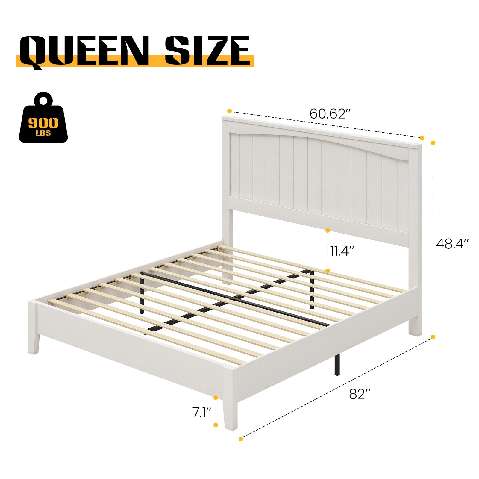Albott Queen Size Wood Bed Frame with Headboard, Platform Bed Frame with Wood Slat Support No Box Spring Needed/Easy Assembly, Rustic Pine, White