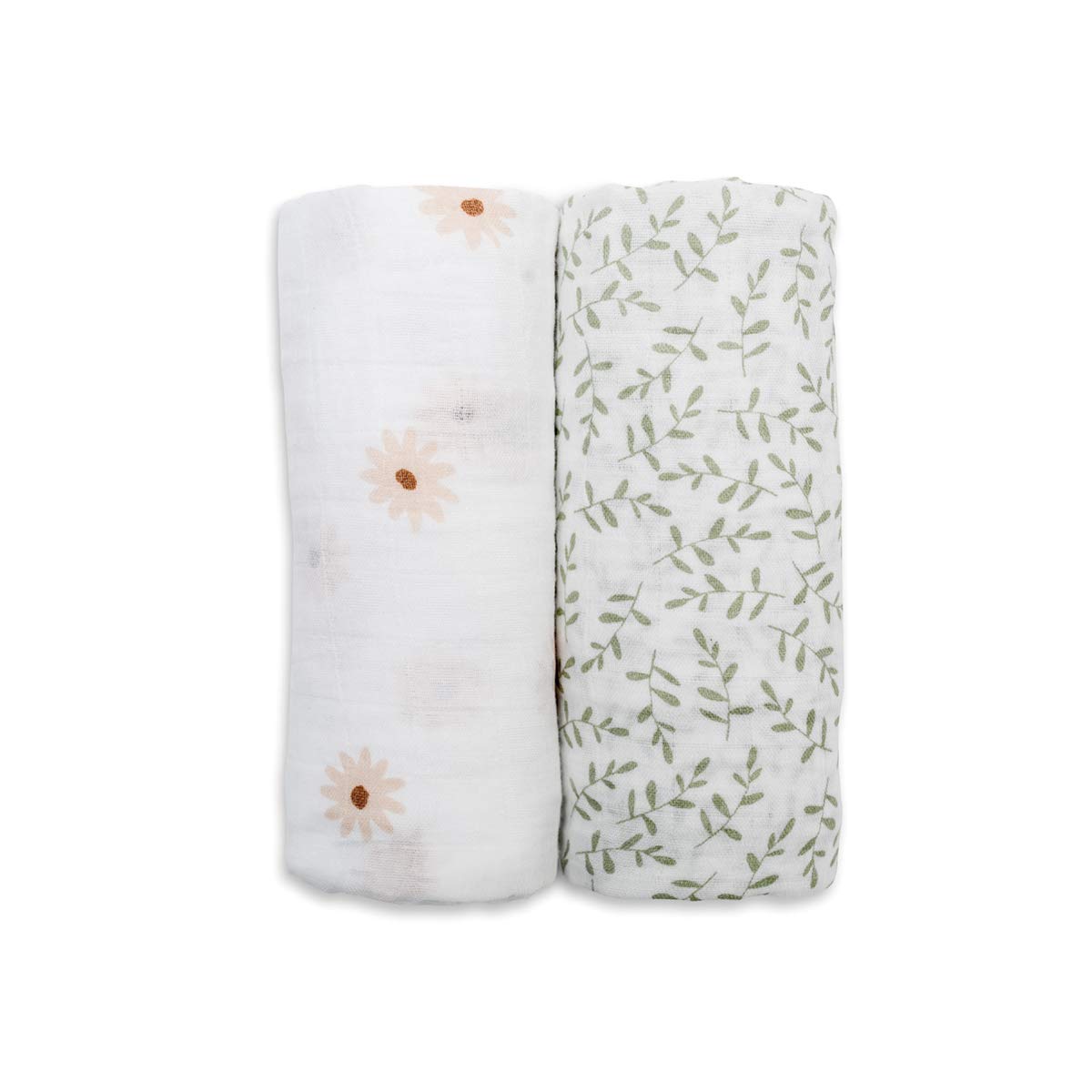 lulujo Boho Swaddle Set, Cotton Muslin Blankets, 2 Pack (Daisies & Greenery)