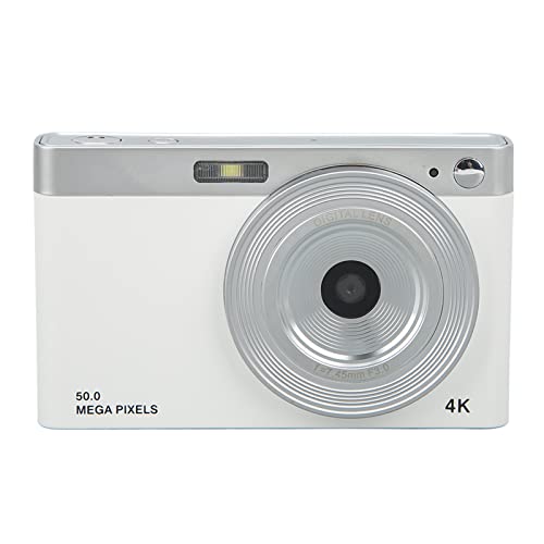 4K Digital Camera, 50MP Pixels, Portable Camera, LED Fill Light, 1/4 Screw Interface, Auto Focus AF for Video Recording (White)