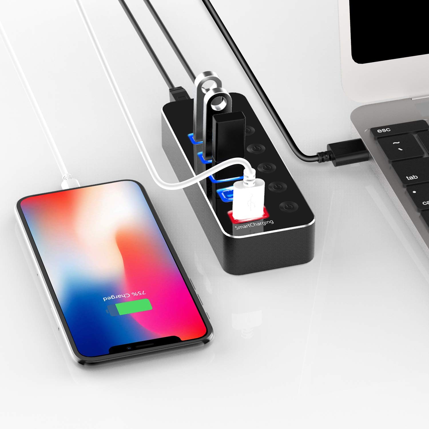 Powered USB Hub, atolla Aluminum 5-Port USB 3.0 Hub with 4 USB 3.0 Data Ports and 1 USB Smart Charging Port, USB Splitter with 5V/3A Power Adapter and Individual Switches