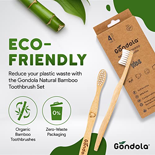 Gondola Kids Bamboo Toothbrushes Soft Bristles β Vegan Organic Eco Friendly Tooth Brush for Kids with Fun Animals Designs & Lightweight, Smooth Bamboo Handles β Zero Waste Packaging β 4 Pack