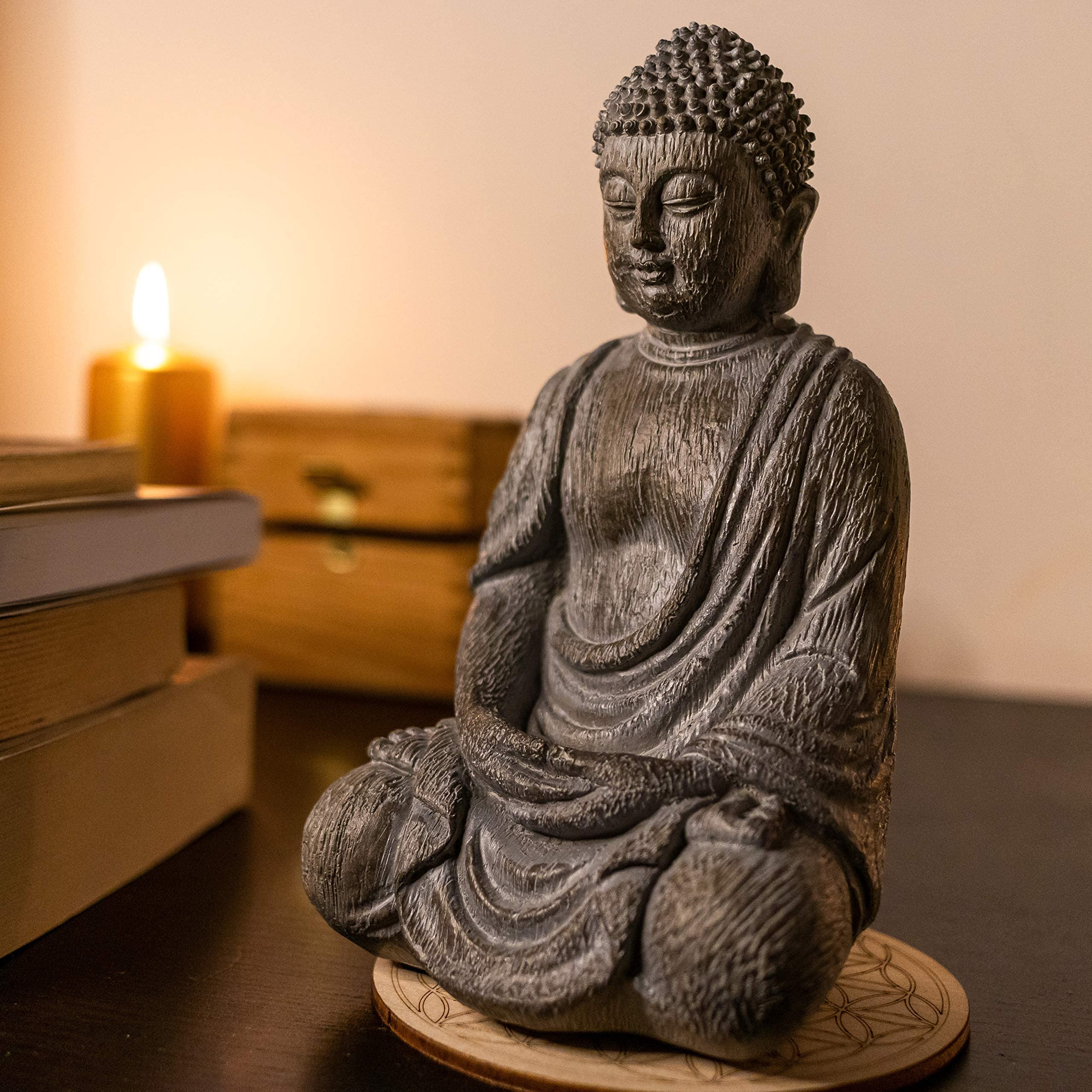 LOTS OF ZEN Mini Buddha Statue β 6.7 inch Buddha Statue with Wooden Round Base Included β Mini Buddha Statue for Spiritual Home Decor