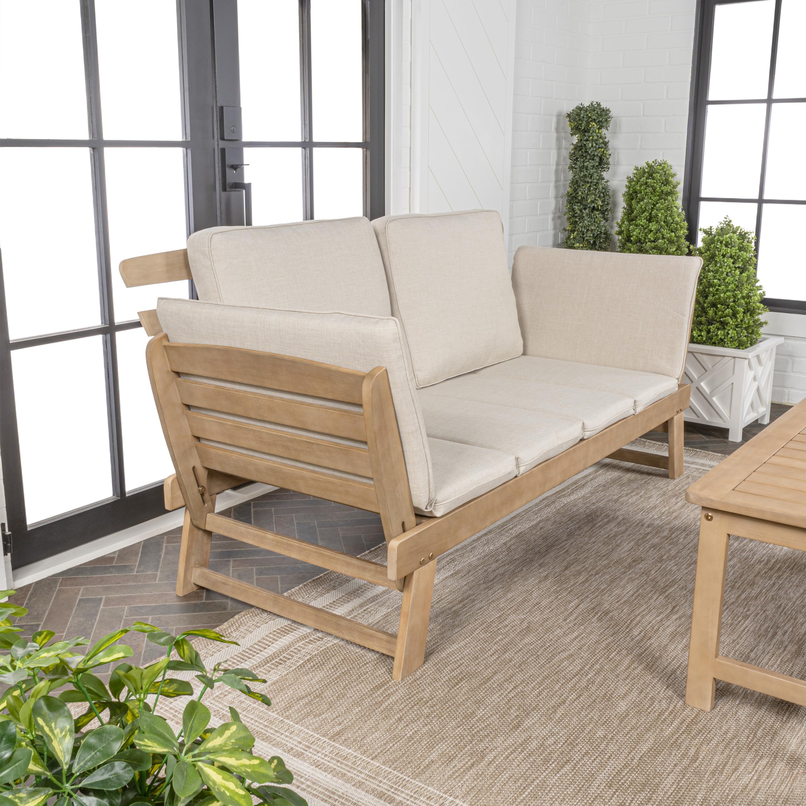 JONATHAN Y SFB1000A Hartley 2-Seat Modern Scandinavian Folding Wood Outdoor Day Bed Sofa Mid-Century, Classic, Transitional, Industrial for Backyard, Patio, Porch, Beige/Light Teak
