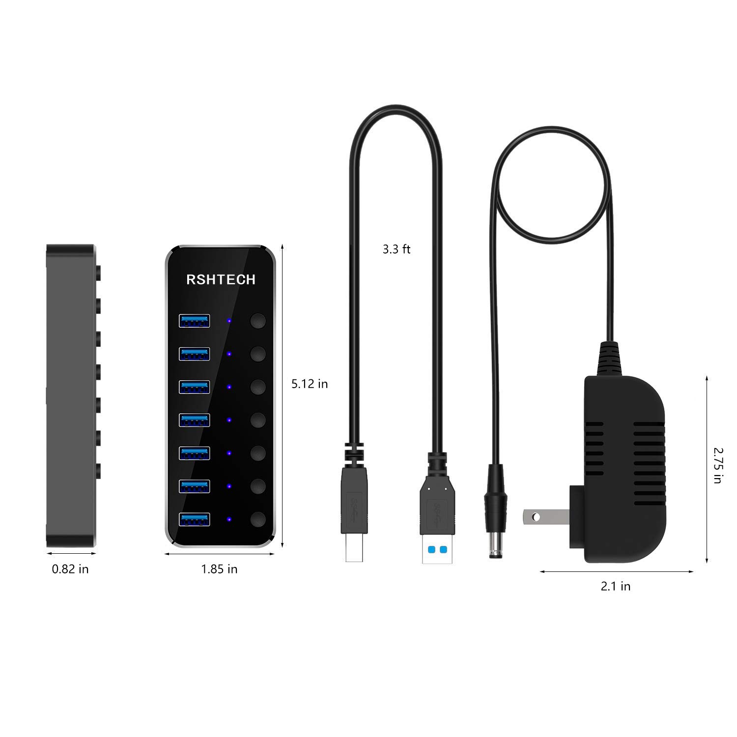 USB 3.0 Hub, RSHTECH 7 Port Powered USB Hub Expander Aluminum USB 3.0 Data Port hub with Universal 5V AC Adapter and Individual On/Off Switches USB Splitter for Laptop and PC(Black)